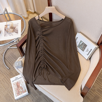 冰丝针织防晒罩衫女薄夏款大尺码胖mm显瘦感抽绳上衣外搭空0316r