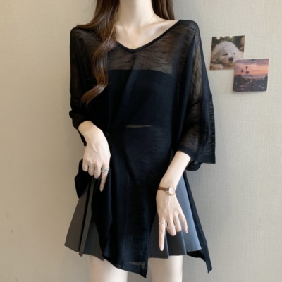 遮手臂V领冰丝防晒t恤女薄款夏季大码胖mm不规则开叉上衣外0316r