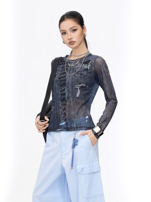 拓谷潮牌辣妹微透网纱长袖T恤女春夏款设计感印花显瘦打底衫60030