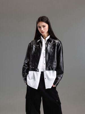 拓谷潮牌亮面皮衣女秋季短款外套帅气机车服翻领皮夹克外套Q62177