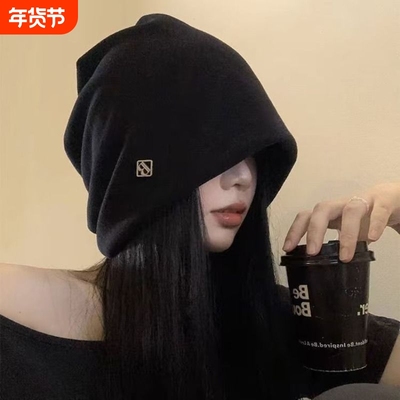 冷帽高级感金属小标女士秋冬2025新款保暖针织包头堆堆帽黑色加绒