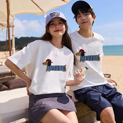 纯棉宽松腊肠狗印花短袖t恤男女情侣夏季新品百搭休闲上衣