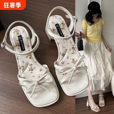 意尔康心选法式粗跟蝴蝶结凉鞋女