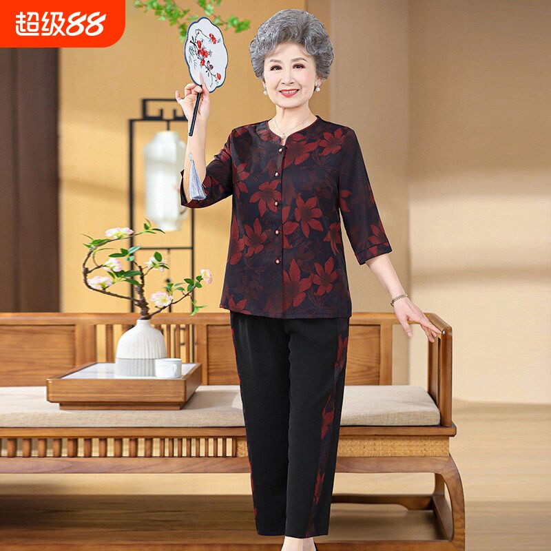 老年人夏装女奶奶装国风套装妈妈装新中式短袖衬衫老人衣服老太太