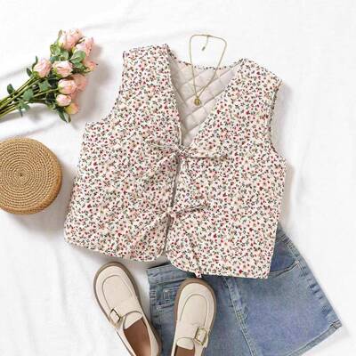Women's Floral Sleeveless Vest Jacket Casual Fitted Woven
