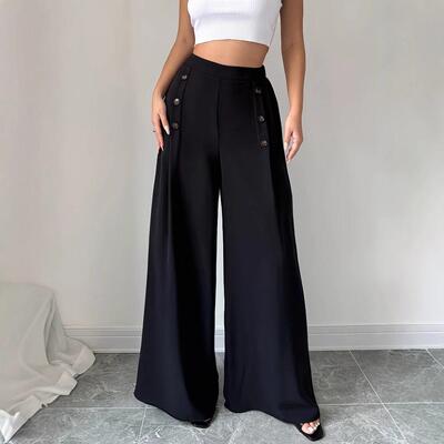 These are women's high-waisted wide-leg pants with button