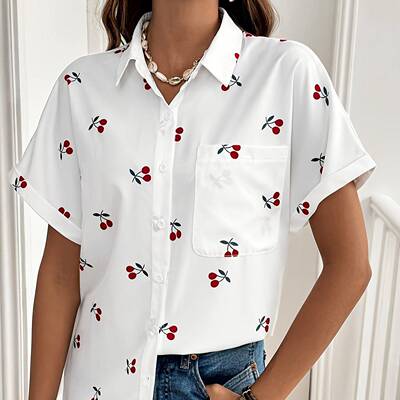 A women's white short-sleeve shirt with cherry prints