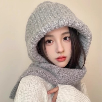 加绒加厚毛线帽子围巾一体女冬季