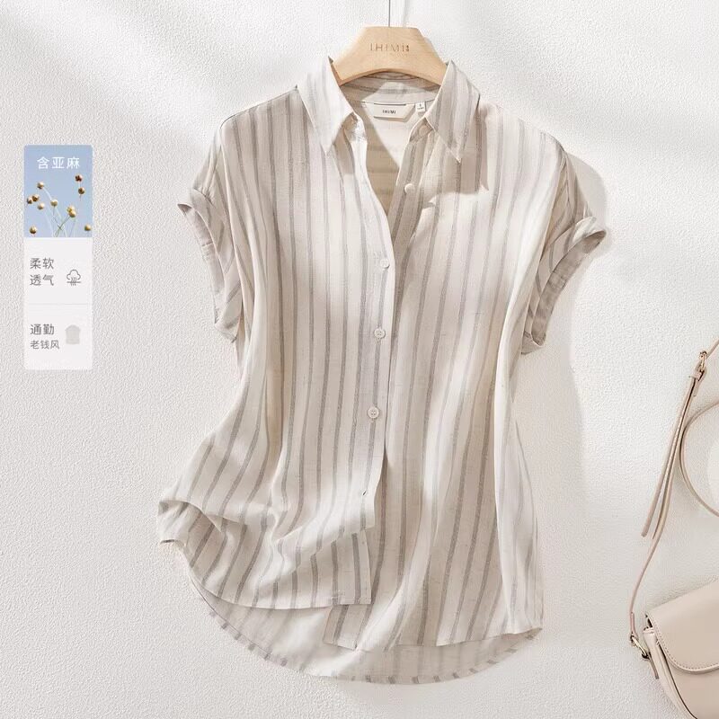潮牌老钱风条纹短袖衬衫女夏季2025年新款韩版设计感休闲 宽松上