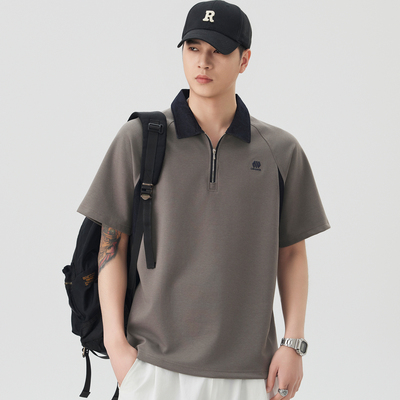 美式半拉链翻领POLO衫男高街潮牌cityboy帅气百搭短袖带有领子T恤