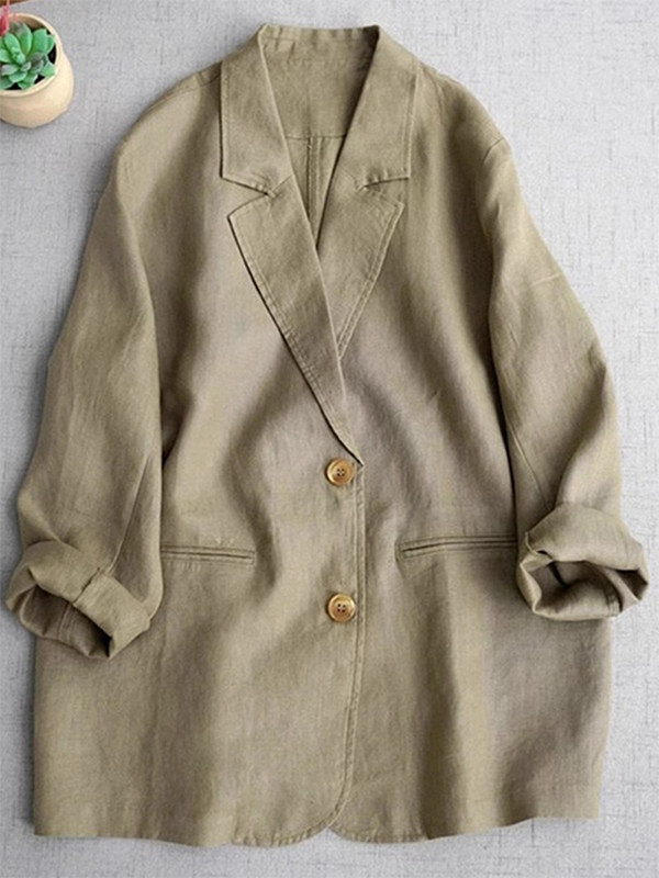 卡其色西装领亚麻长袖小西服外套女春秋欧货薄款宽松休闲上衣气质