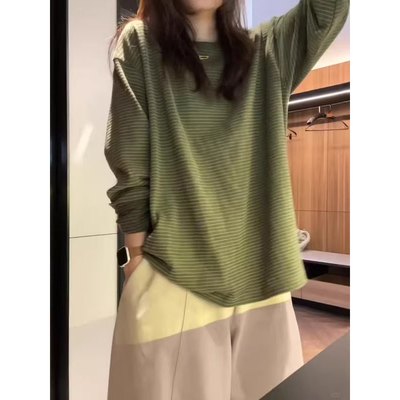 绿色复古条纹长袖T恤女春秋欧货通勤套头宽松圆领打底衫百搭上衣