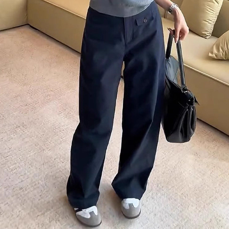 藏青色美式工装裤女夏季欧货2025新款大码宽松显瘦直筒拖地长裤子
