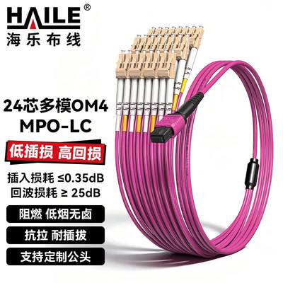 HAILE海乐 多模万兆MPO-LC 24芯OM4光纤跳线 100G转10对LC MPO分支光纤跳纤  MPO-MTA24-LC 定制1-150米