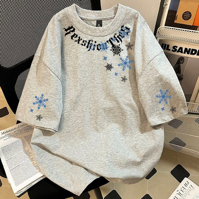 美式100%纯棉短袖T恤男女童装夏季休闲ins风雪花字母印花半袖上衣