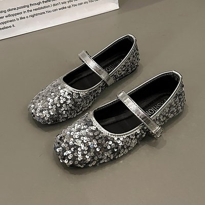 银色单鞋平底春季玛丽珍鞋亮片