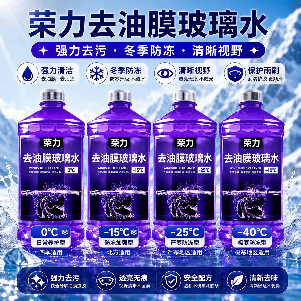 荣力去油膜玻璃水防冻-40°C冬季强力去污4大桶装夏季汽车雨刮水
