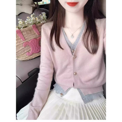 英国Beautiful Edition甜美舒适法式小香风假两件v领针织开衫毛衣