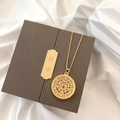 古法沙金珐琅八宝罗盘吊坠项链