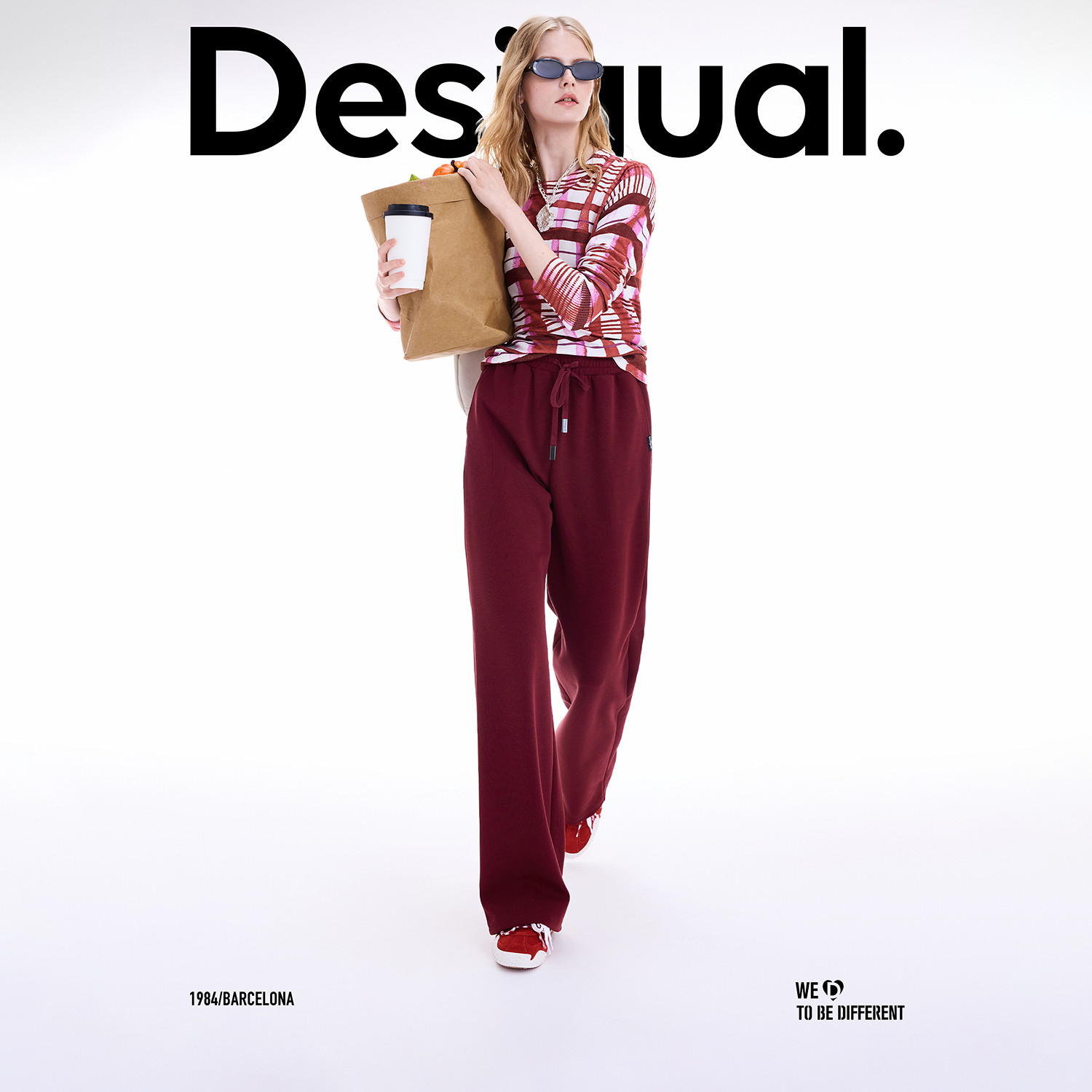 Desigual直筒橡筋收腰系带紫红色女士休闲裤