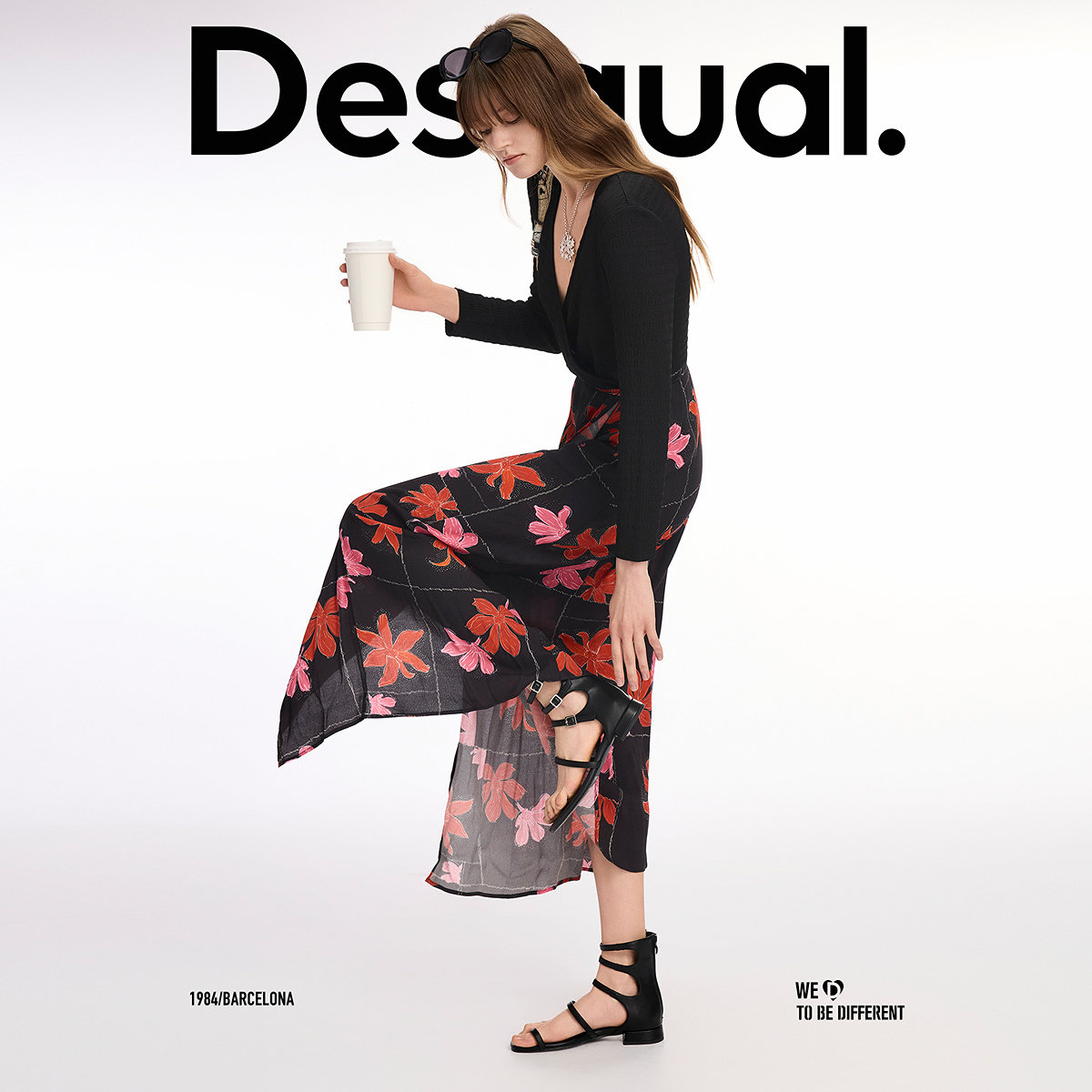 Desigual 宽松印花拼接V领长袖裹身裙连衣裙