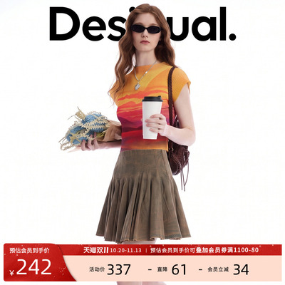 Desigual26秋冬新品橙红渐变晚霞印花华夫格无袖短款女式T恤