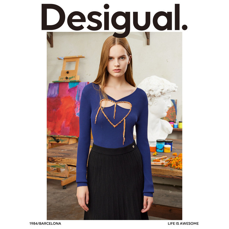 Desigual 弹力修身织线V领女士针织衫