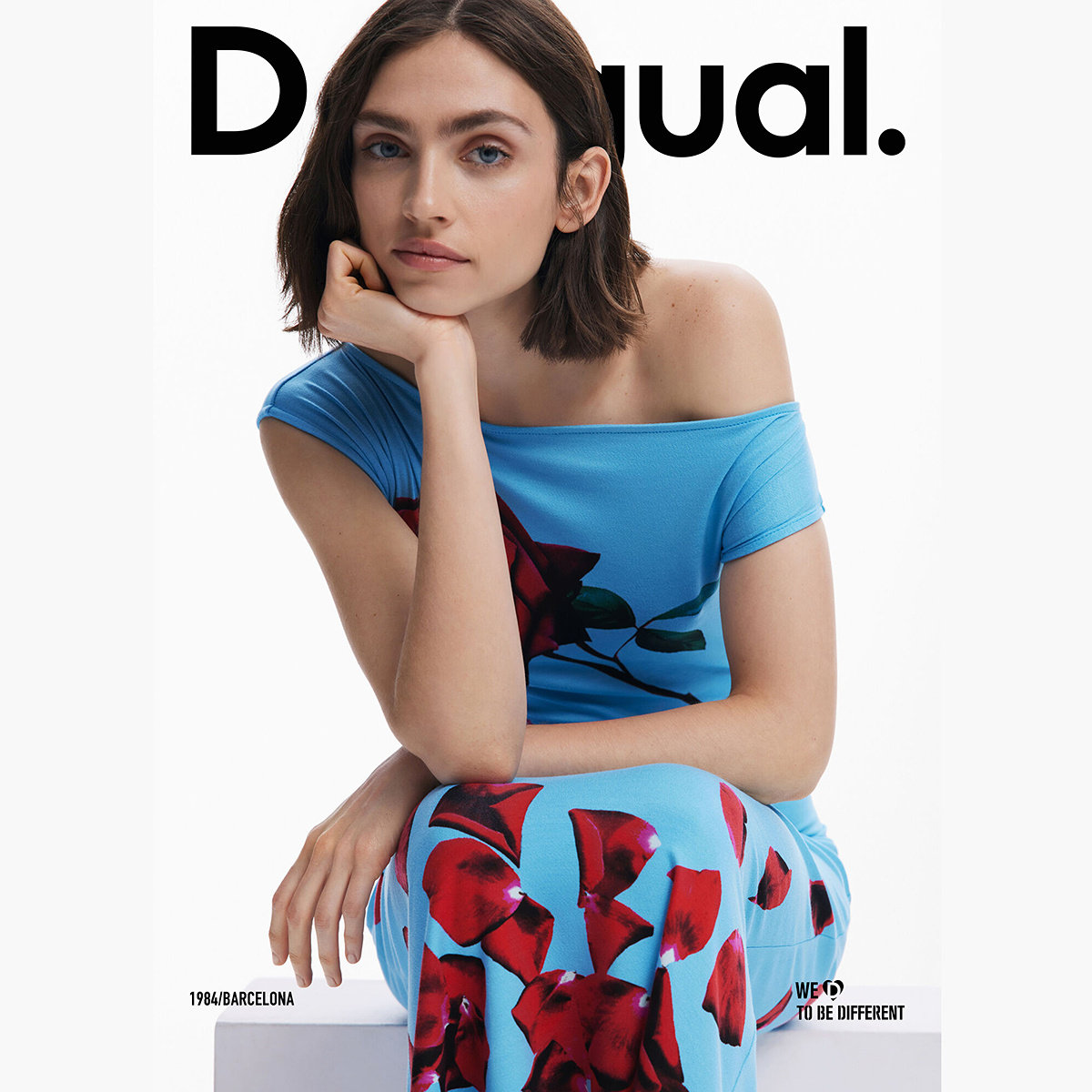 Desigual【Tyler设计师联名】玫瑰印花蓝色弹力修身连衣裙