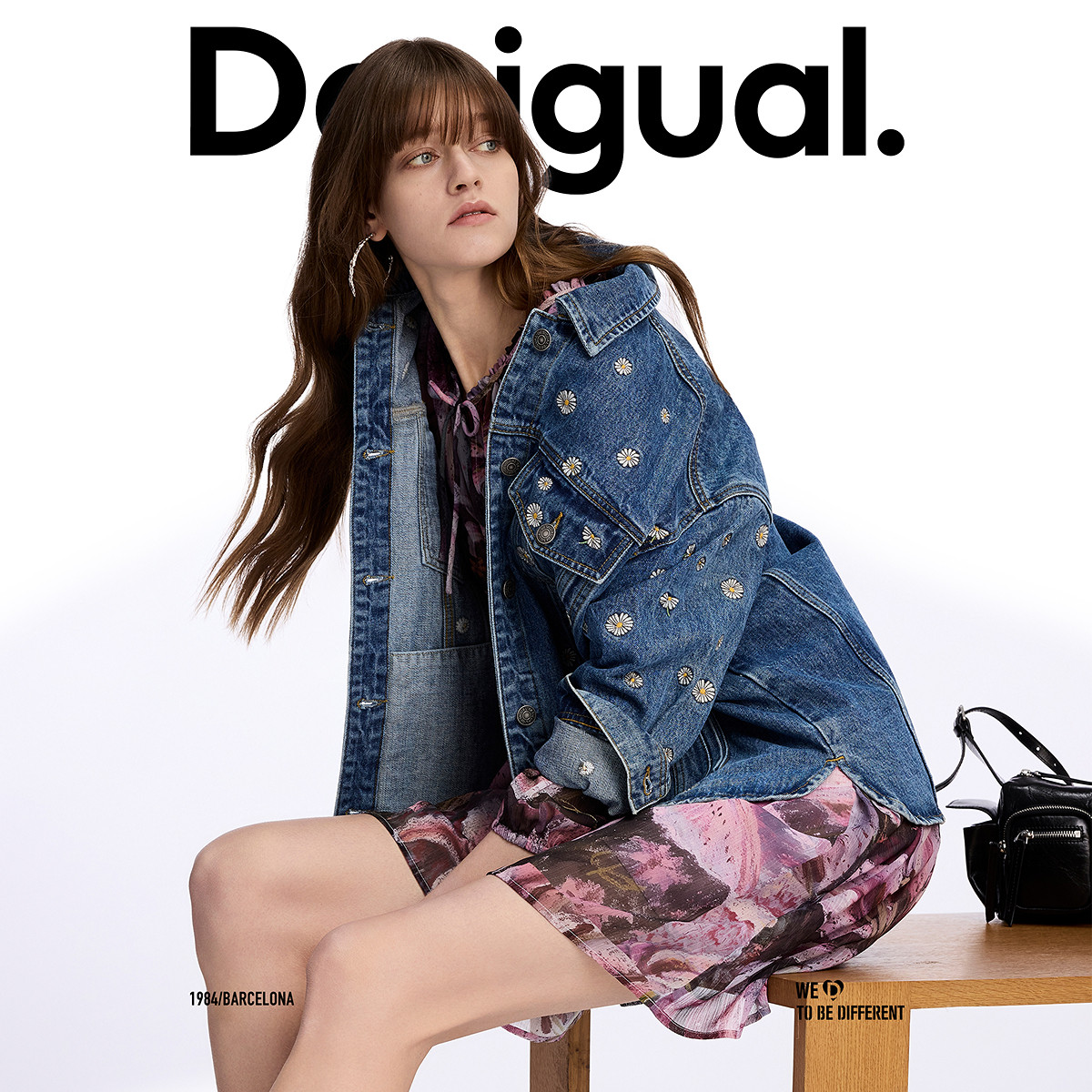 Desigual【博主推荐】廓形小雏菊刺绣翻领牛仔中蓝丹宁夹克外套