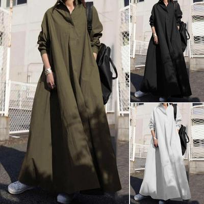 Long sleeved large swing cotton and linen dress for women