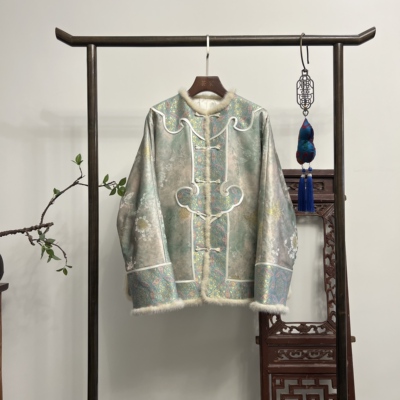 【青璃玉】桑蚕丝宋锦如意头貂毛棉服上衣W50235