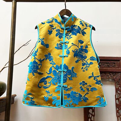 芸裳复古无袖立领绣花马夹中国风