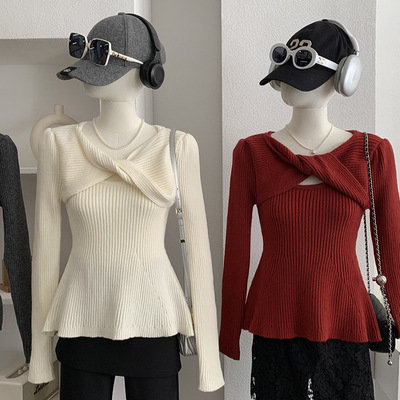 欧玛莱 2025冬季新款扭结坑条针织衫长袖收腰显瘦打底衫毛衣 6242