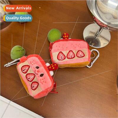 Ins girl heart pink strawberry cake coin purse plush earphon