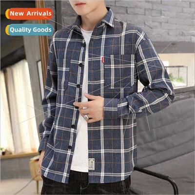Autumn new men plaid long-sleeved shirt Korean  nd cardigan