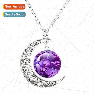 New Fashion Beautiful Lavender Flower Branch Moon Necklace P