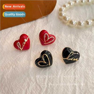 lver Balsam red asymmetric love heart earrings French vintag