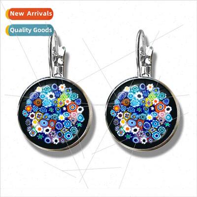 Murano Millefiori Earrings Multicoloured Floral Glass Caboch