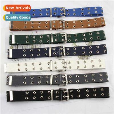 Double row holes canvas belt lengthened chic men women unive