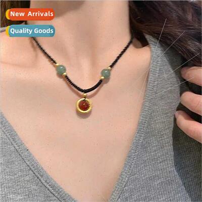 terary geometric acacia beans red beads black rope necklace