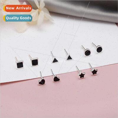 s925 silver star moon love heart earrings black drip geometr