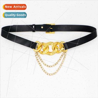 Cowhide female belt metal chain tassel copper buckle head le