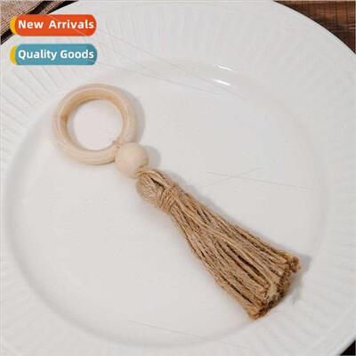 Wooden twine tassel napkin buckle log wood beads Western- ta