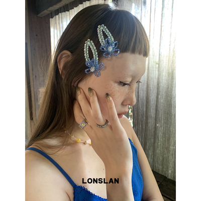 LONSLAN ACC 春夏甜美蓝色碎花串珠发卡甜美时尚侧边刘海夹