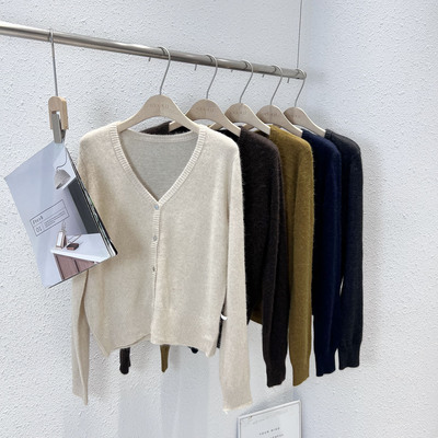 韩版高配浣熊绒V领小开衫