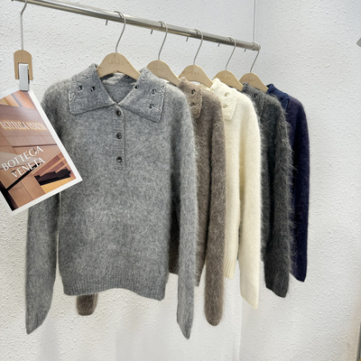 破洞翻领进口幼崽马海毛套头毛衣