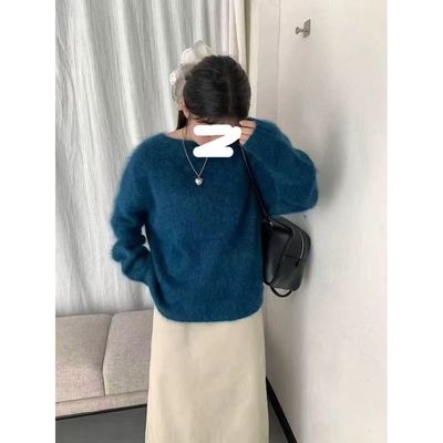 无缝马鞍肩加厚圆领羊毛拉毛衫