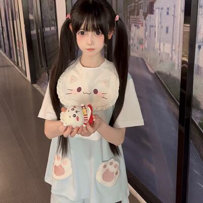 糯叽小咪假发女80cm日常jk萝莉lolita黑长直双马尾齐刘海全头套式