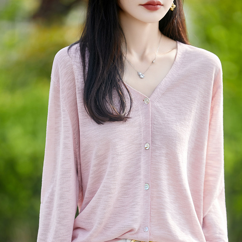 早秋外搭V领针织衫女开衫短款超薄竹节麻宽松版长袖简约防晒罩衫