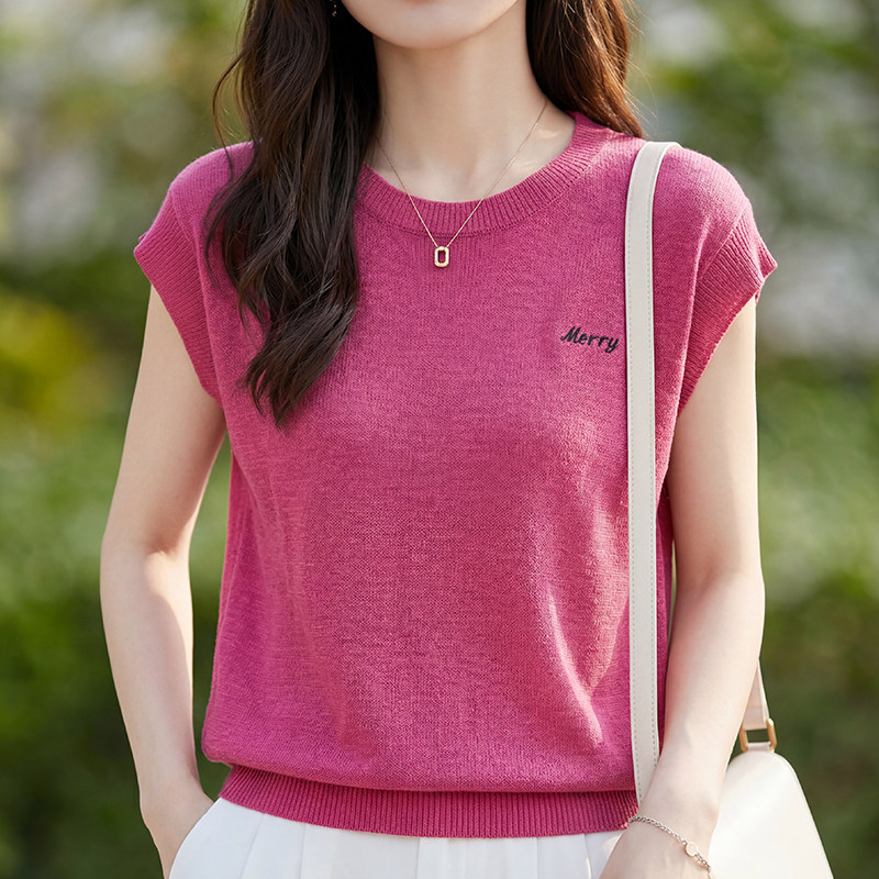 2026夏季新款短袖女圆领纯色亚麻薄款针织半袖宽松高级感t恤上衣